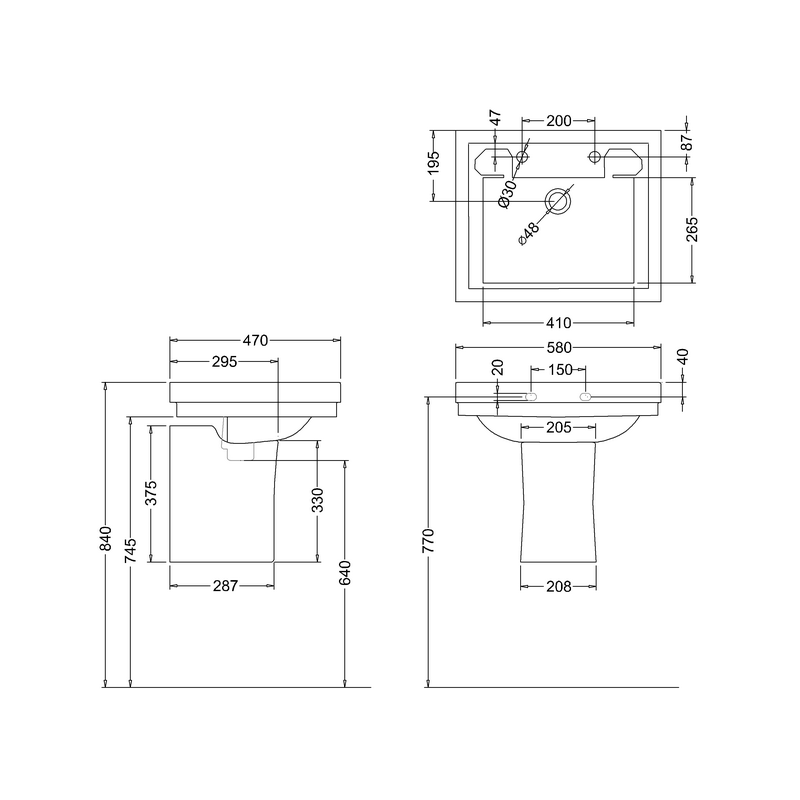 Contemporary 580mm Basin with Semi Pedestal 1THBasins