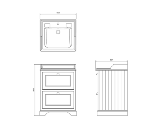Freestanding 650 vanity unit with drawers & classic 650 basin for ...
